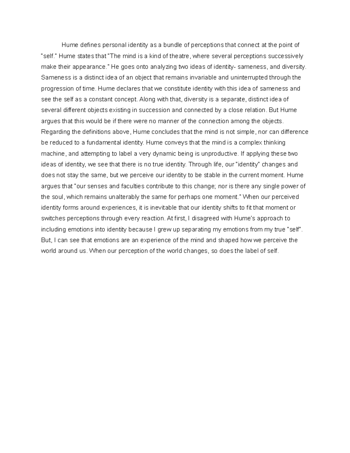 Hume Summary and Reflection - Hume defines personal identity as a ...