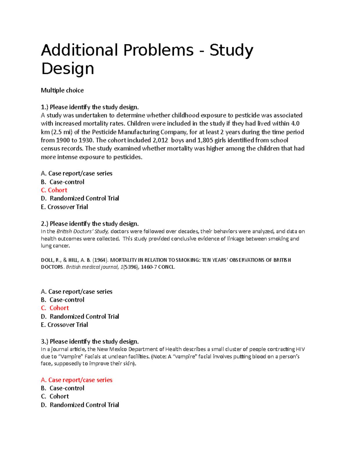 Optional Practice Problems Study Designs KEY - Additional Problems ...