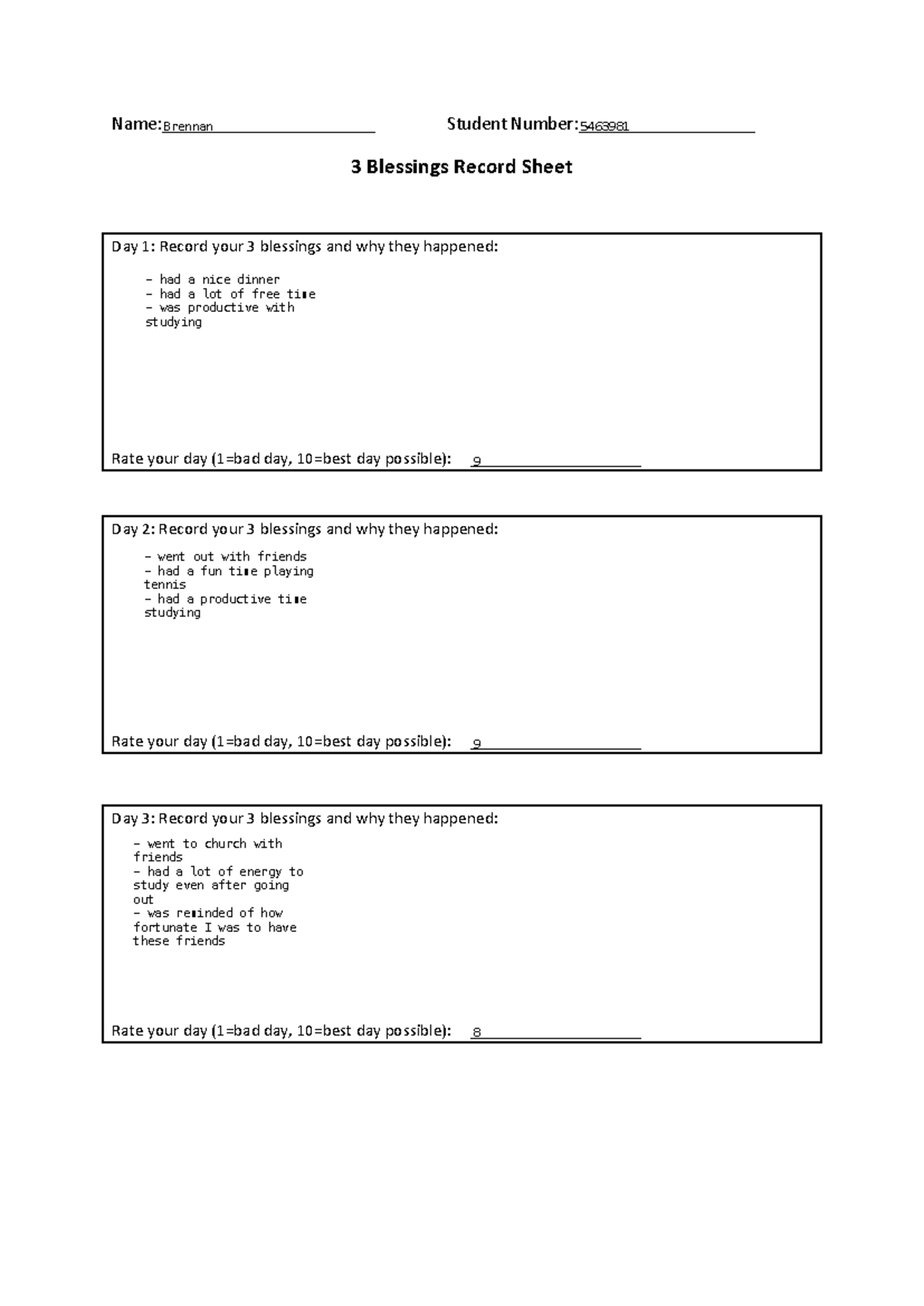 3 Blessings Record Sheet - Name:_______________________ Student Number