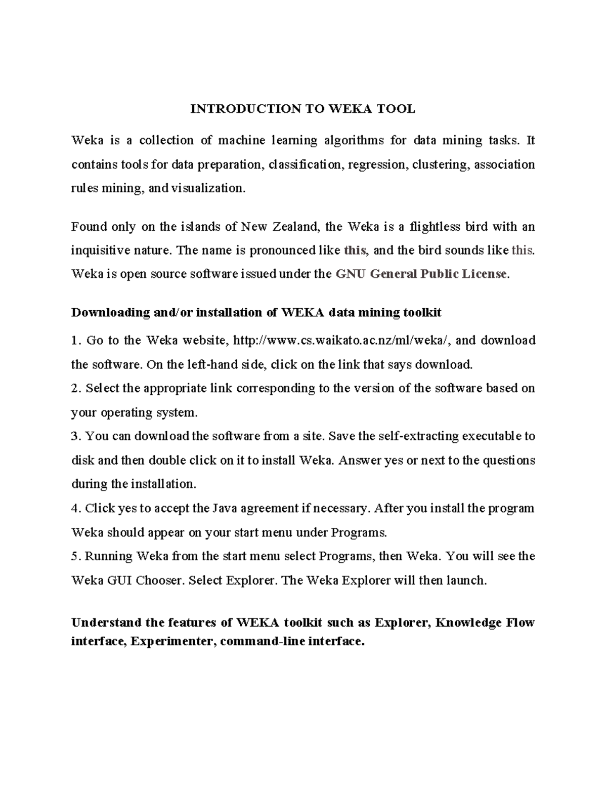 DHW Lab( Ex1 to 3) - Lab Exercises - INTRODUCTION TO WEKA TOOL Weka is ...