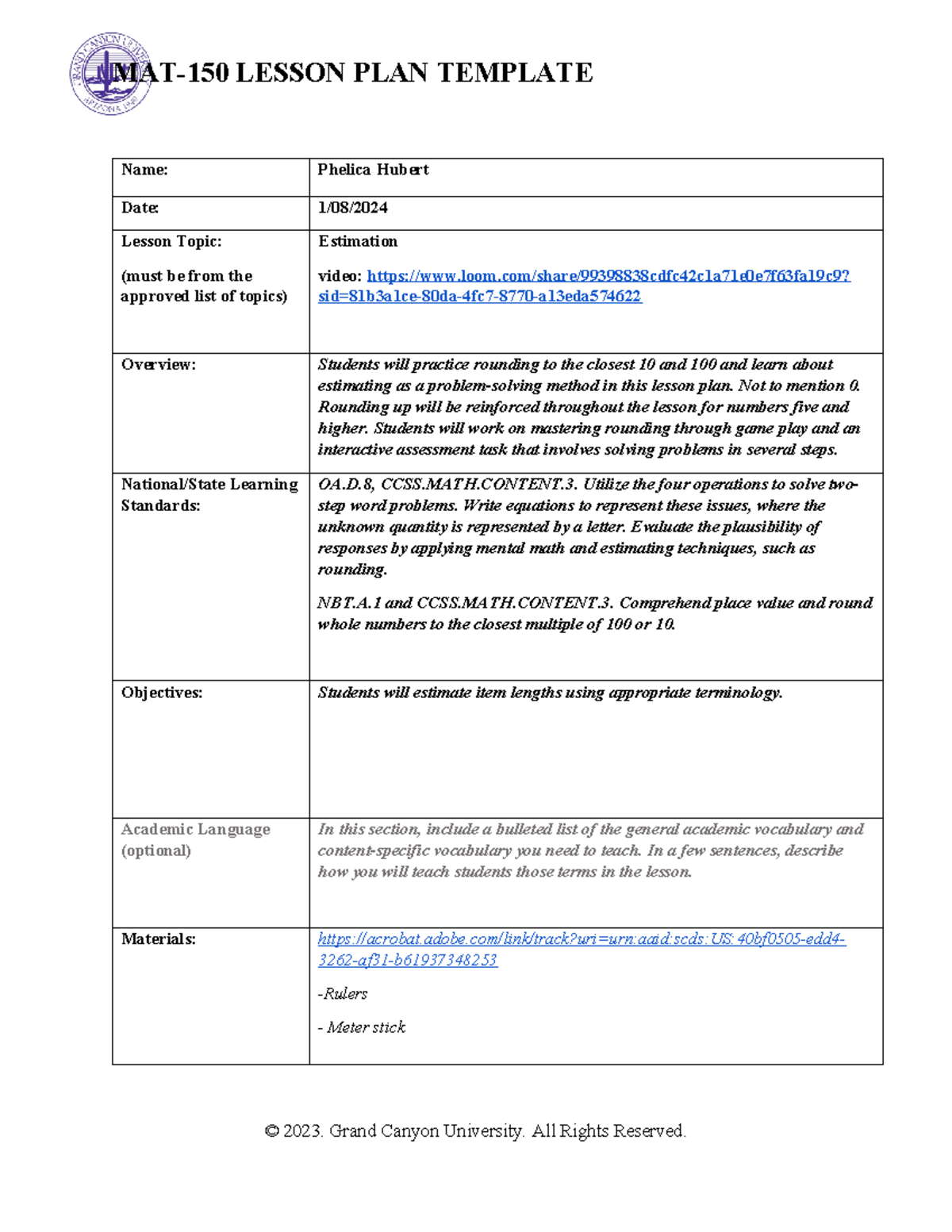 MAT-150 Lesson Plan Template (2) - Name: Phelica Hubert Date: 1/08 ...