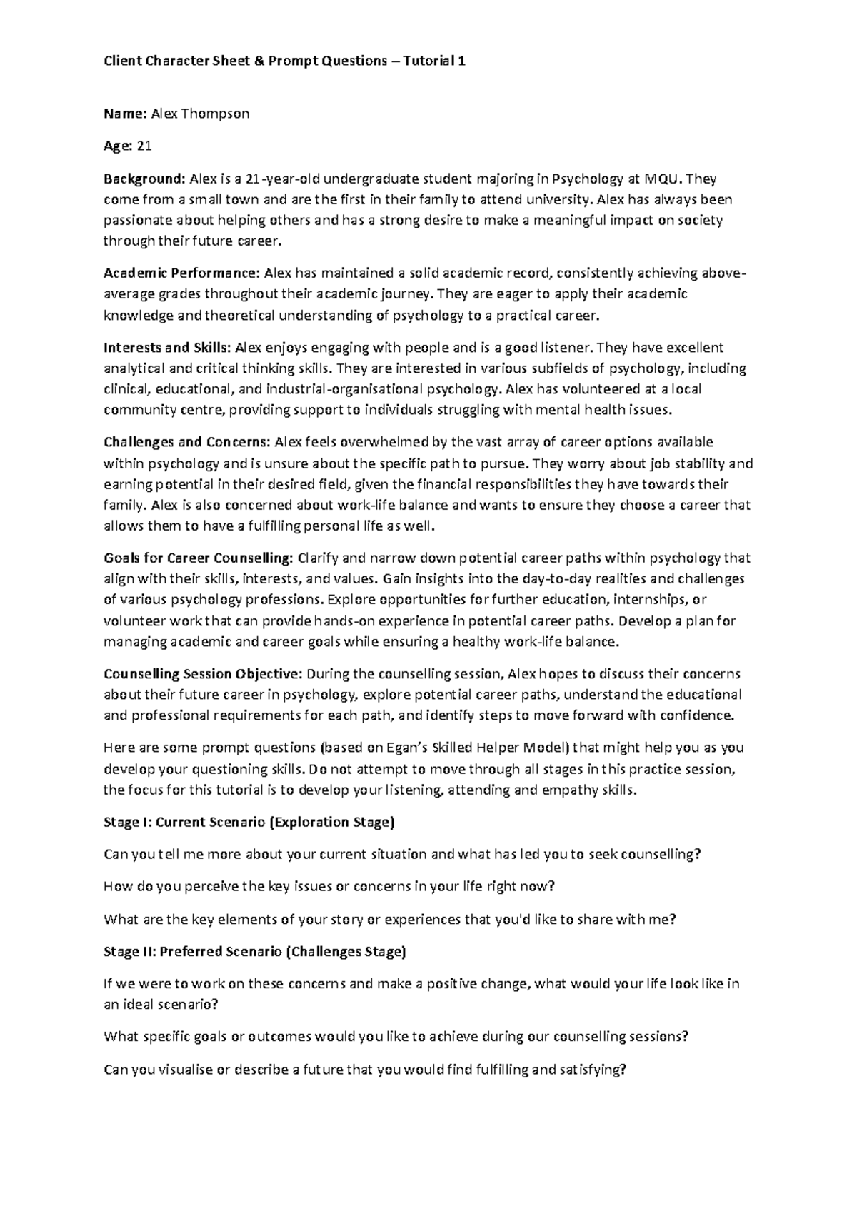 Tutorial 1 Client Scenario - Client Character Sheet & Prompt Questions ...