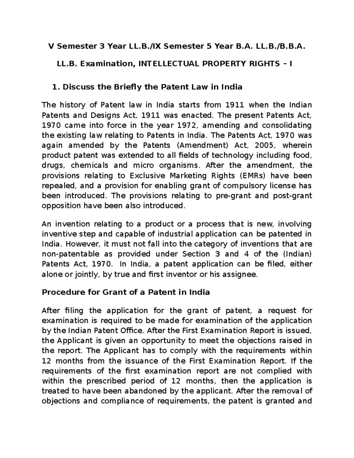 IPR Model Answers - V Semester 3 Year LL./IX Semester 5 Year B. LL.B./B ...