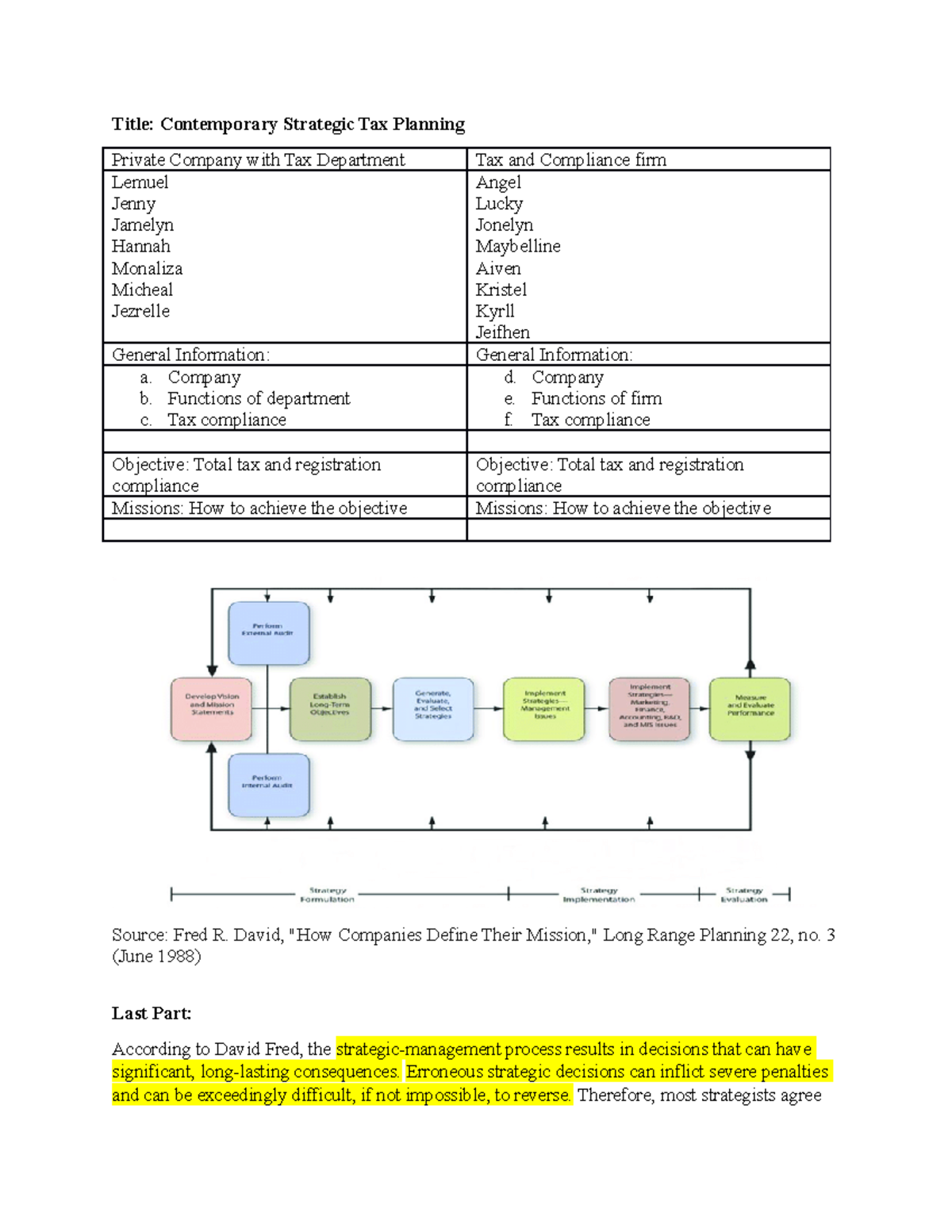 Project Outline - Strategic cost - Title: Contemporary Strategic Tax ...