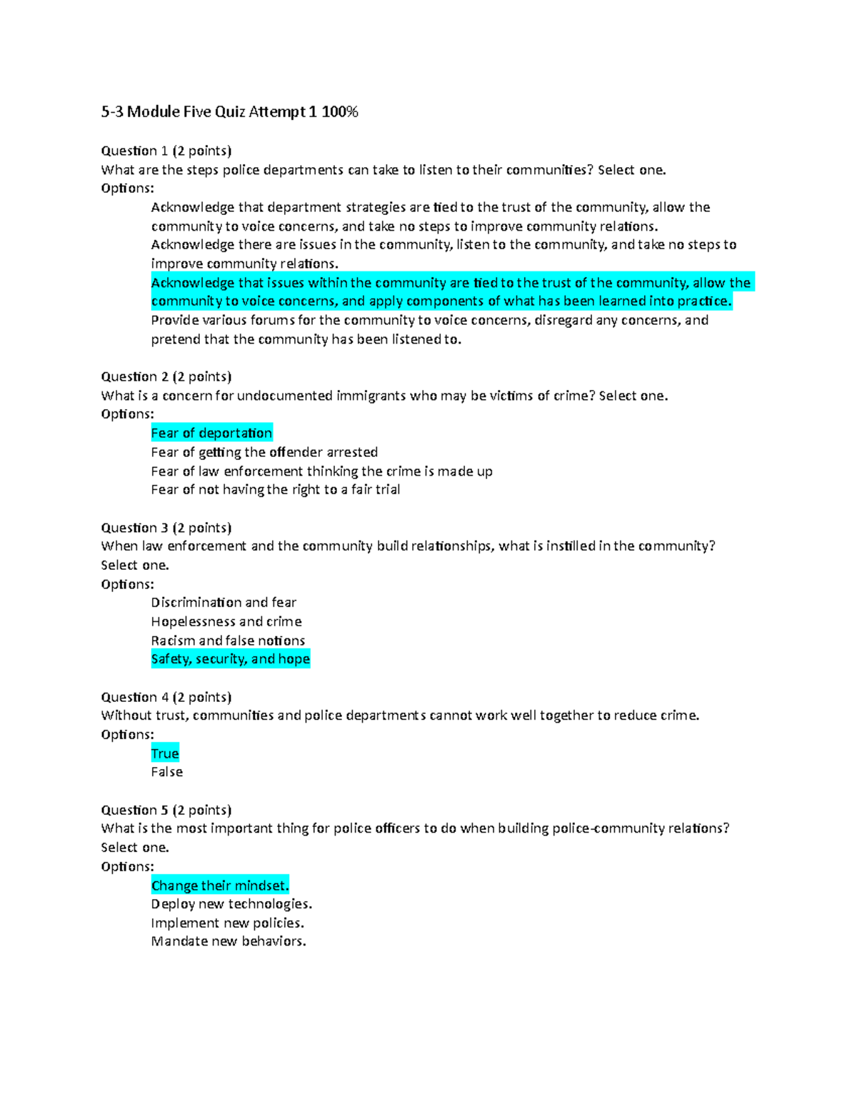 1st attempt 100 module 5 3 quiz - 5-3 Module Five Quiz Attempt 1 100% ...