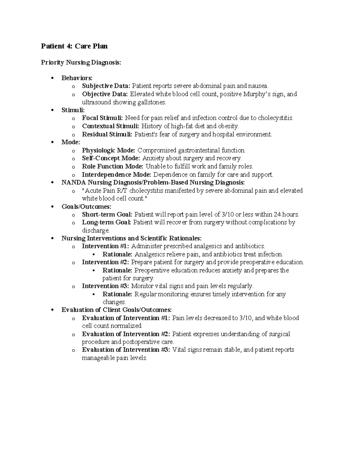 Care plan care plan - Patient 4: Care Plan Priority Nursing Diagnosis ...