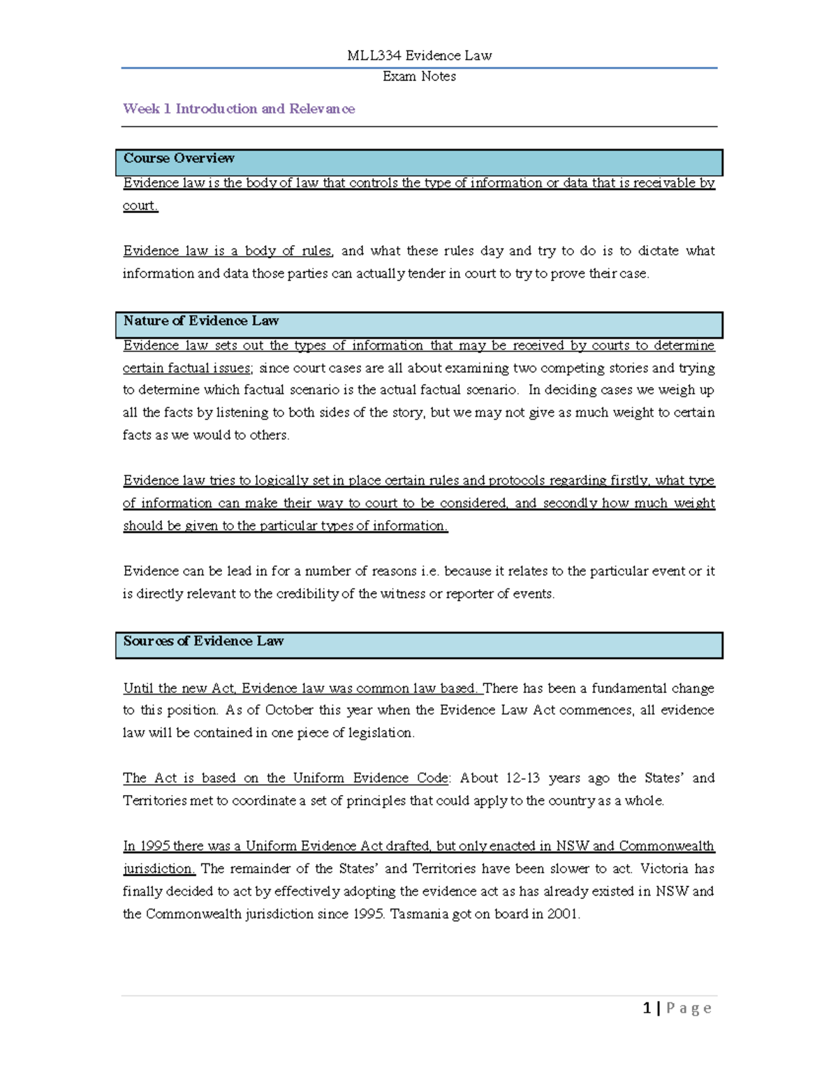 evidence law exam notes - MLL334 Evidence Law Exam Notes Week 1 ...