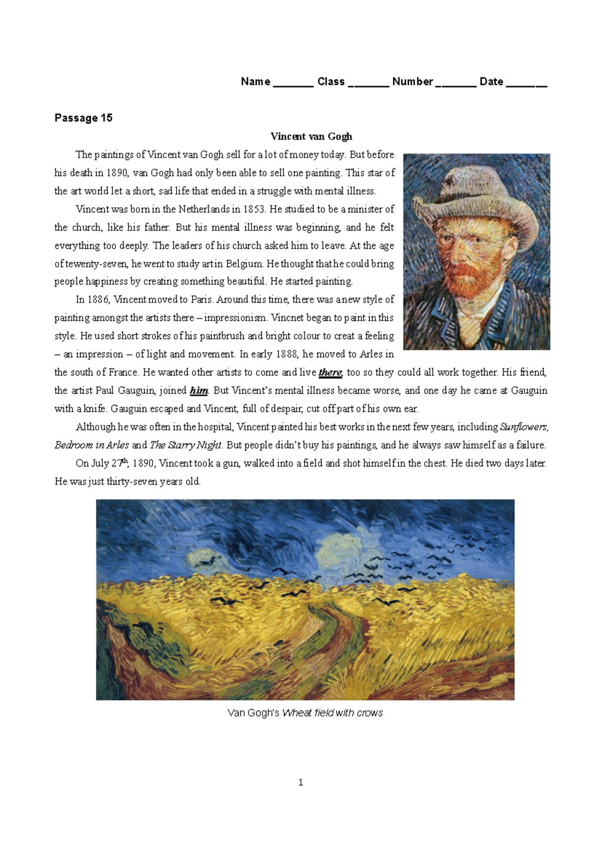 15. Vincent van Gogh - Introduction to a famous person - Name ...