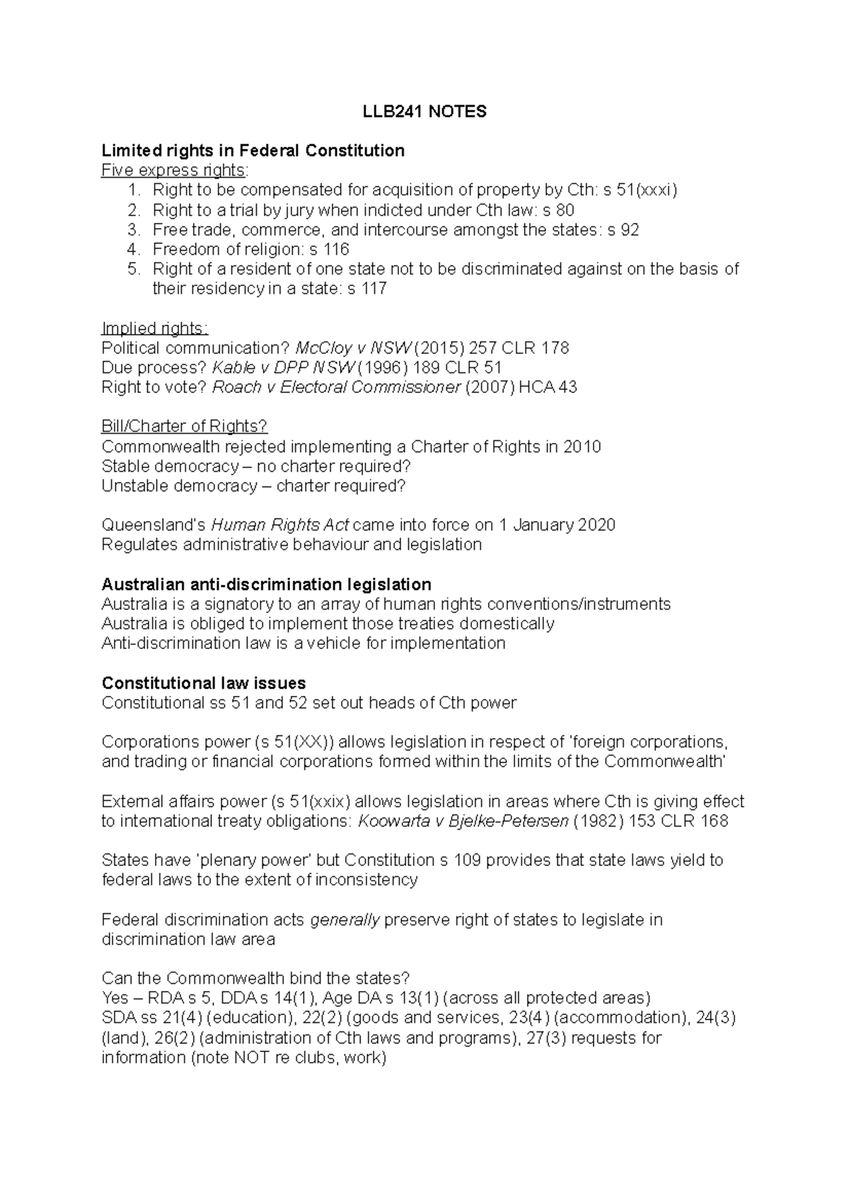 LLB241 Notes - LLB241 NOTES Limited rights in Federal Constitution Five ...
