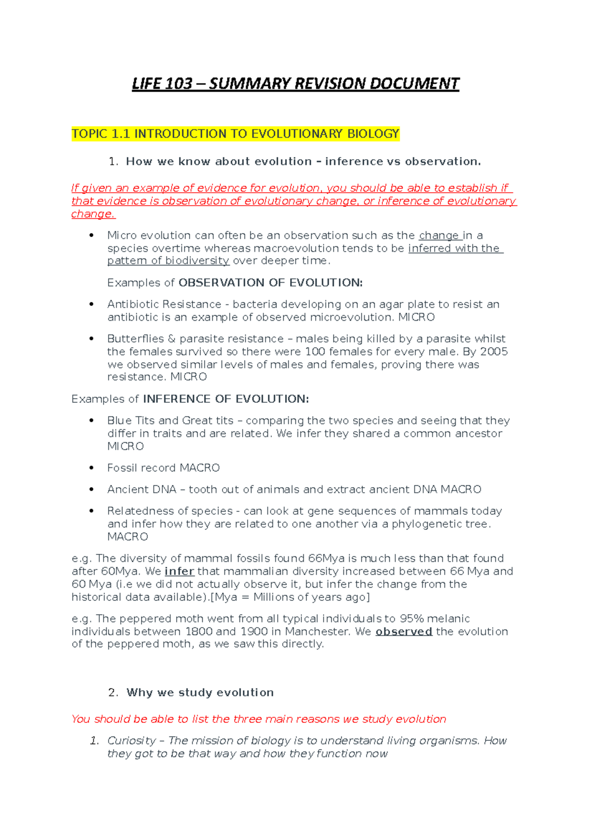 LIFE 103 Section A notes - LIFE 103 – SUMMARY REVISION DOCUMENT TOPIC 1 ...