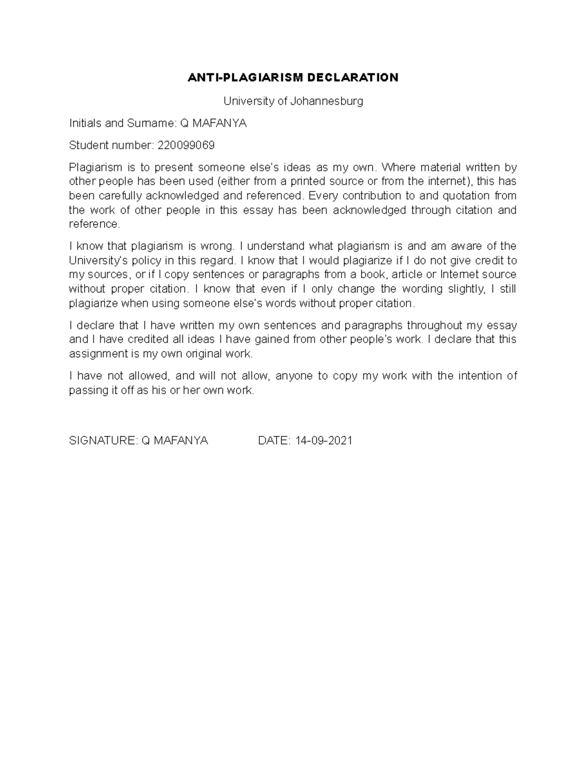 Family LAW Assignment qhayiya - ANTI-PLAGIARISM DECLARATION University ...