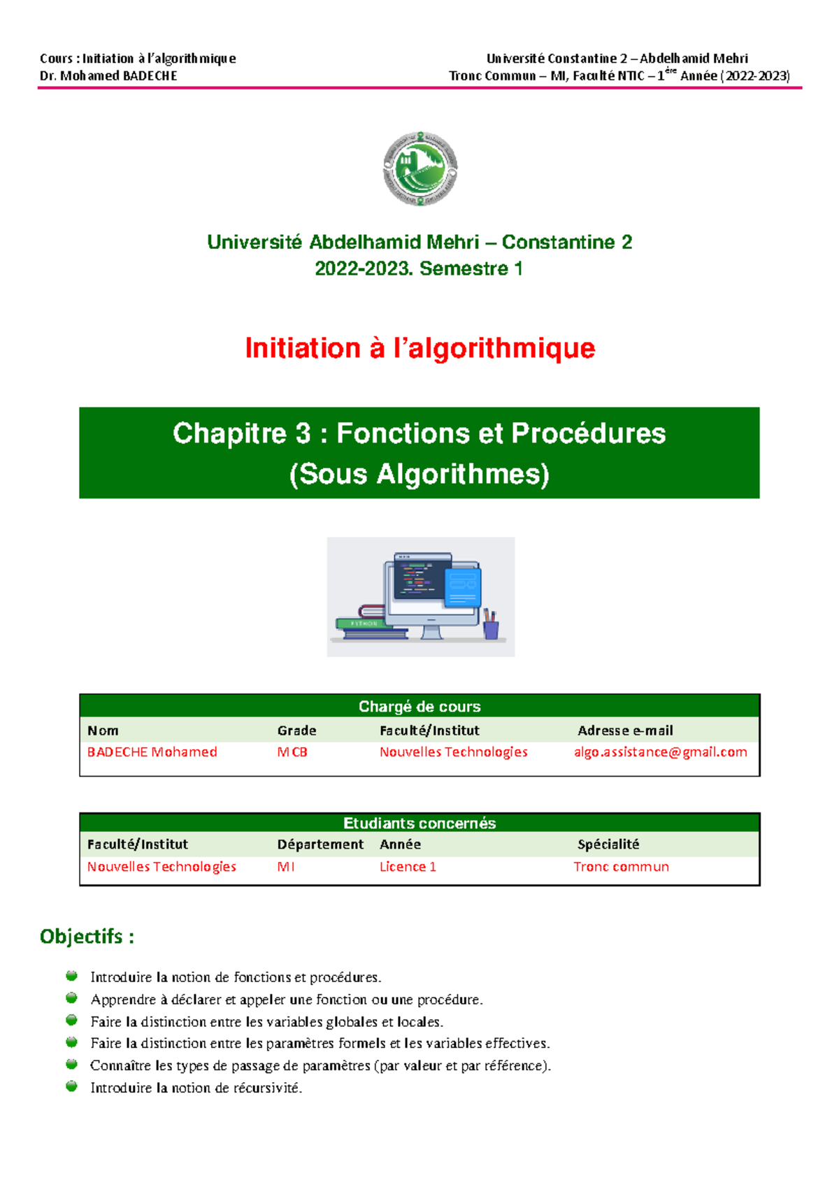 Cours Algo Ch3 2022 Cne2 - Cours : Initiation à l’algorithmique Dr. Mohamed BADECHE Université ...