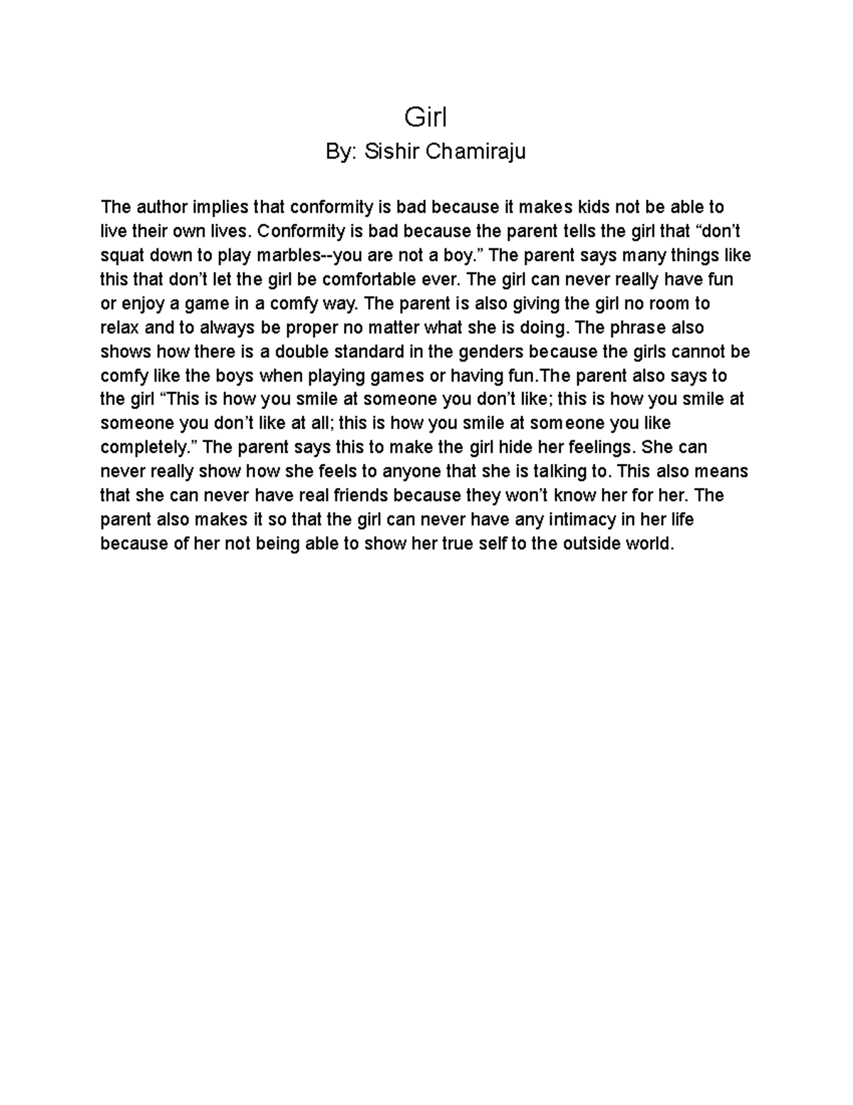 "Girl" paragraph Sishir Chamiraju-3 - Girl By: Sishir Chamiraju The ...