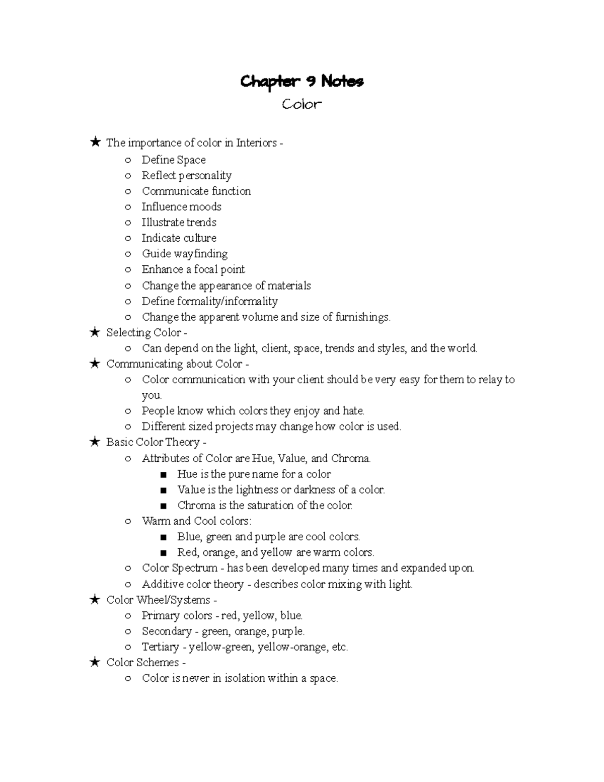 AR283 Chapter 9 Notes Part 1 - Chapter 9 Notes Color ★ The importance ...