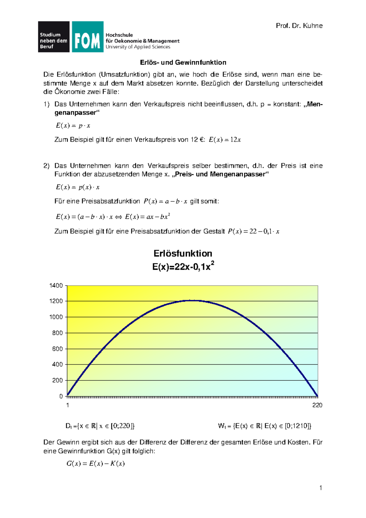 2 Erlös- & Gewinnfunktion - Prof. Dr. Kuhne Erlös- und Gewinnfunktion ...