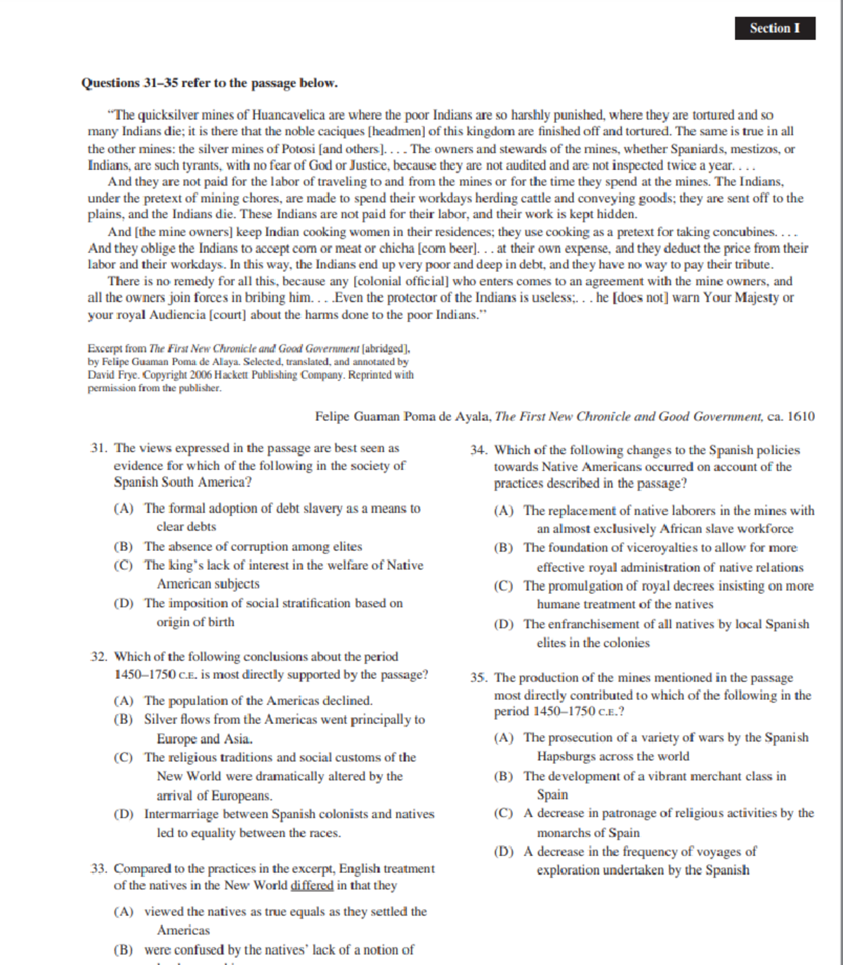 World History Exam 1008 - Section I Questions refer to the passage ...