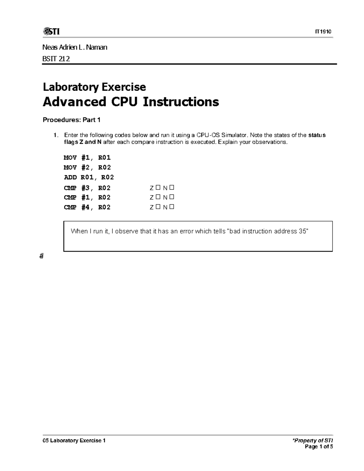 05 Laboratory Exercise 1 - 05 Laboratory Exercise 1 *Property of STI ...