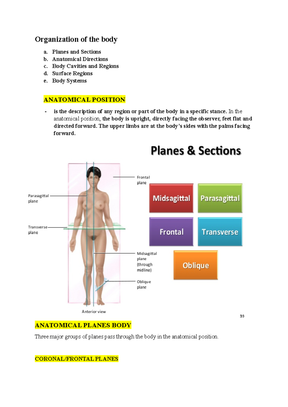 4TH Discussion - ANAPHY LAB NOTES - Organization of the body a. Planes ...