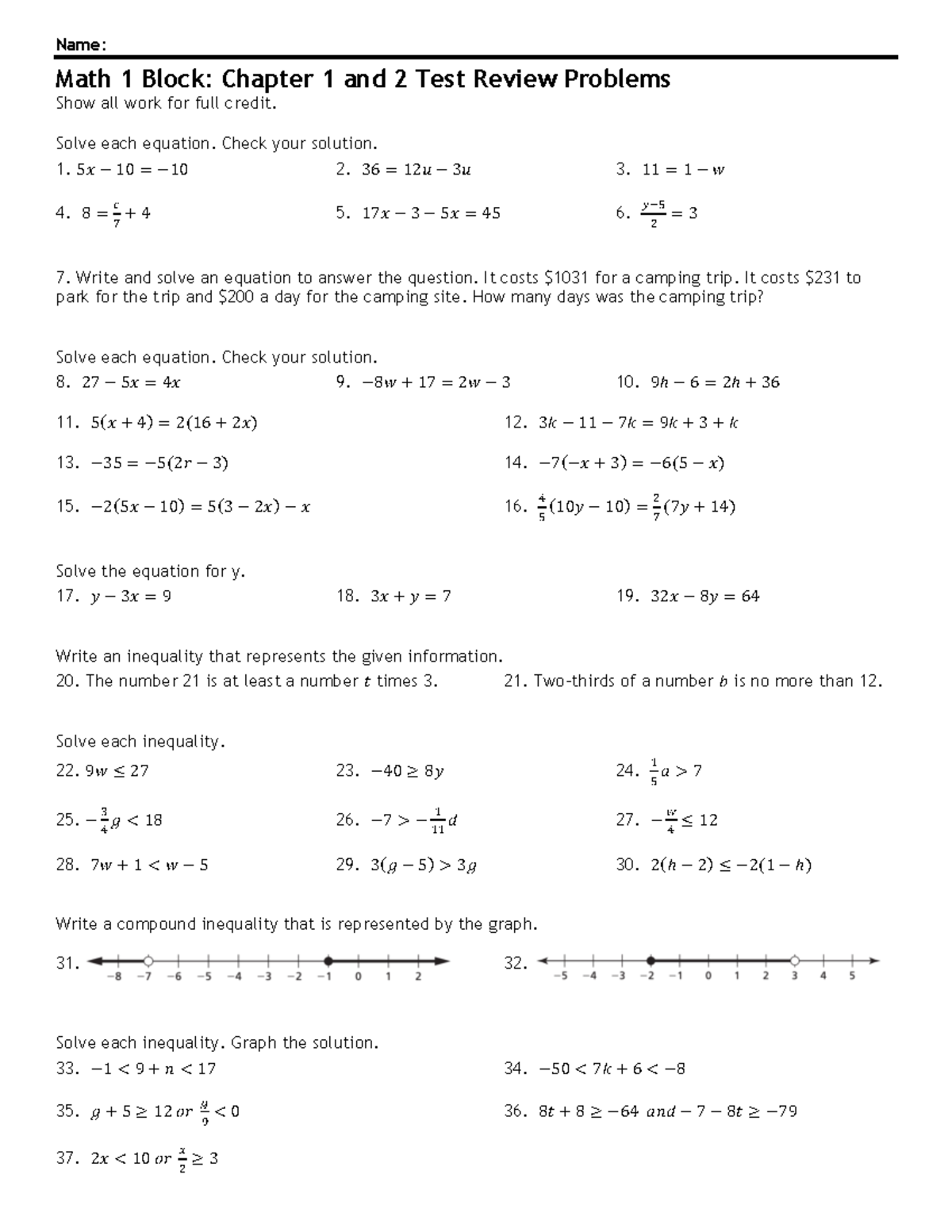 M1b ch 1 2 review - goat - Name: Math 1 Block: Chapter 1 and 2 Test ...