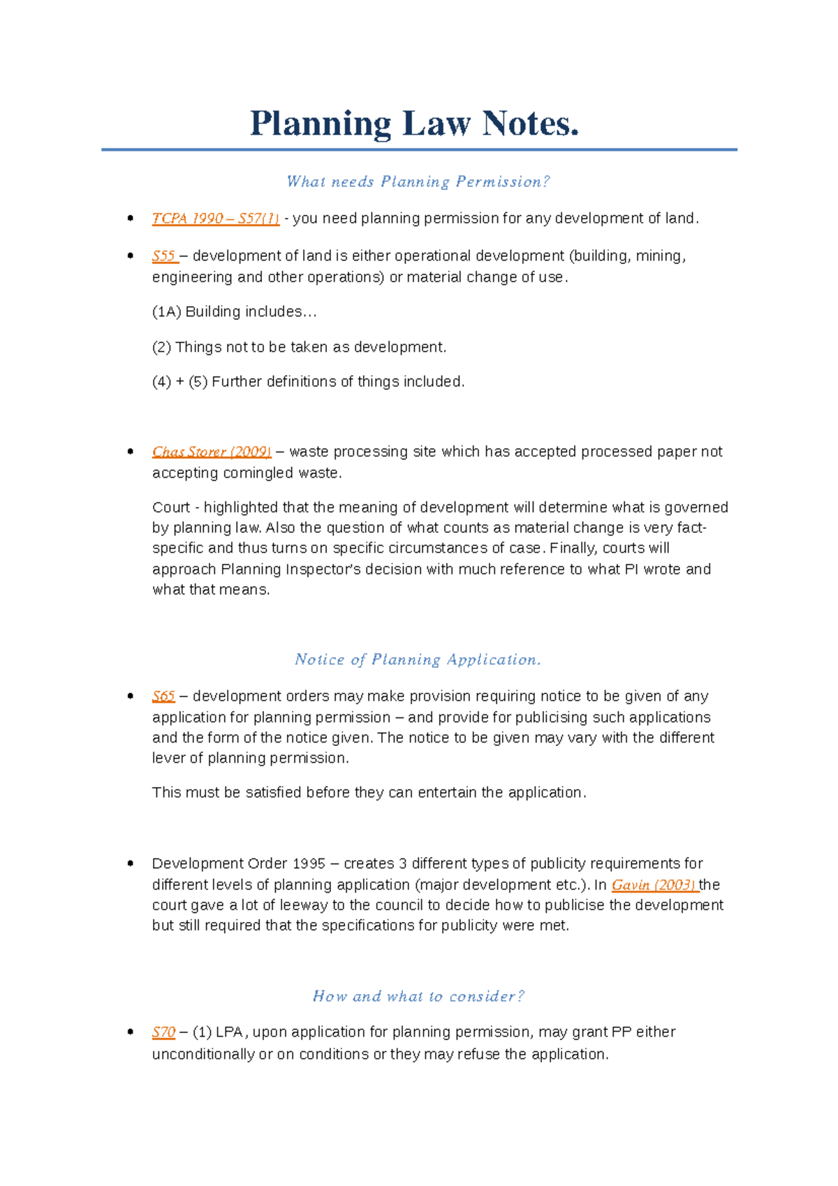 Planning Law sample - Lecture notes 4 - Planning Law Notes. What needs ...