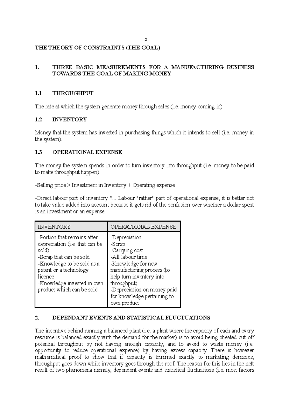 The Goal - Summary of Goldratt's The Goal - THE THEORY OF CONSTRAINTS ...