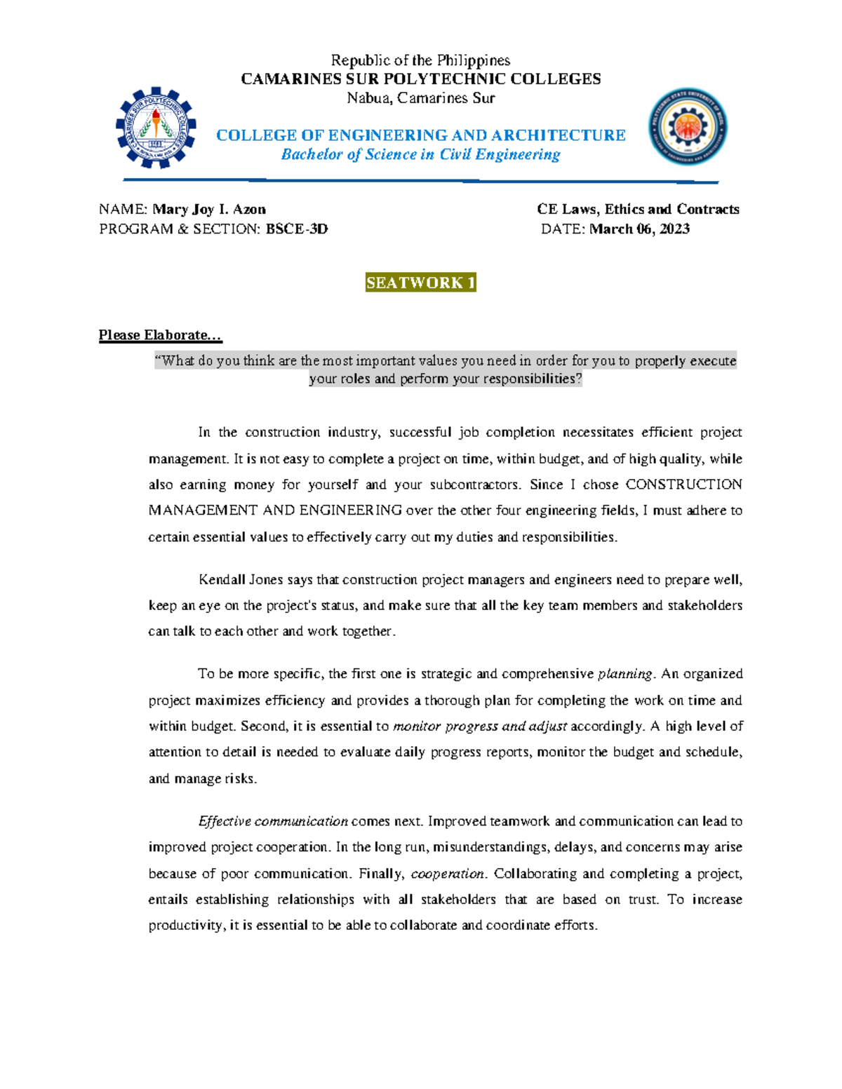 Azon, Mary Joy I. (BSCE-3D) Seatwork 1 (CE Laws) - Republic of the ...