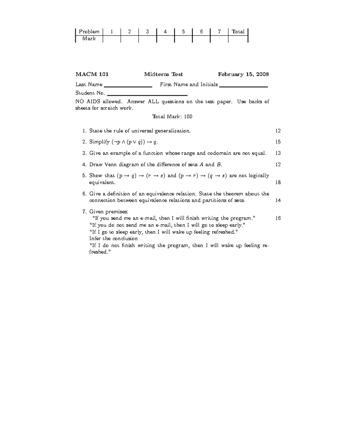 Exam February 15, 2008, questions - Problem 1 2 3 4 5 6 7 Total Mark ...