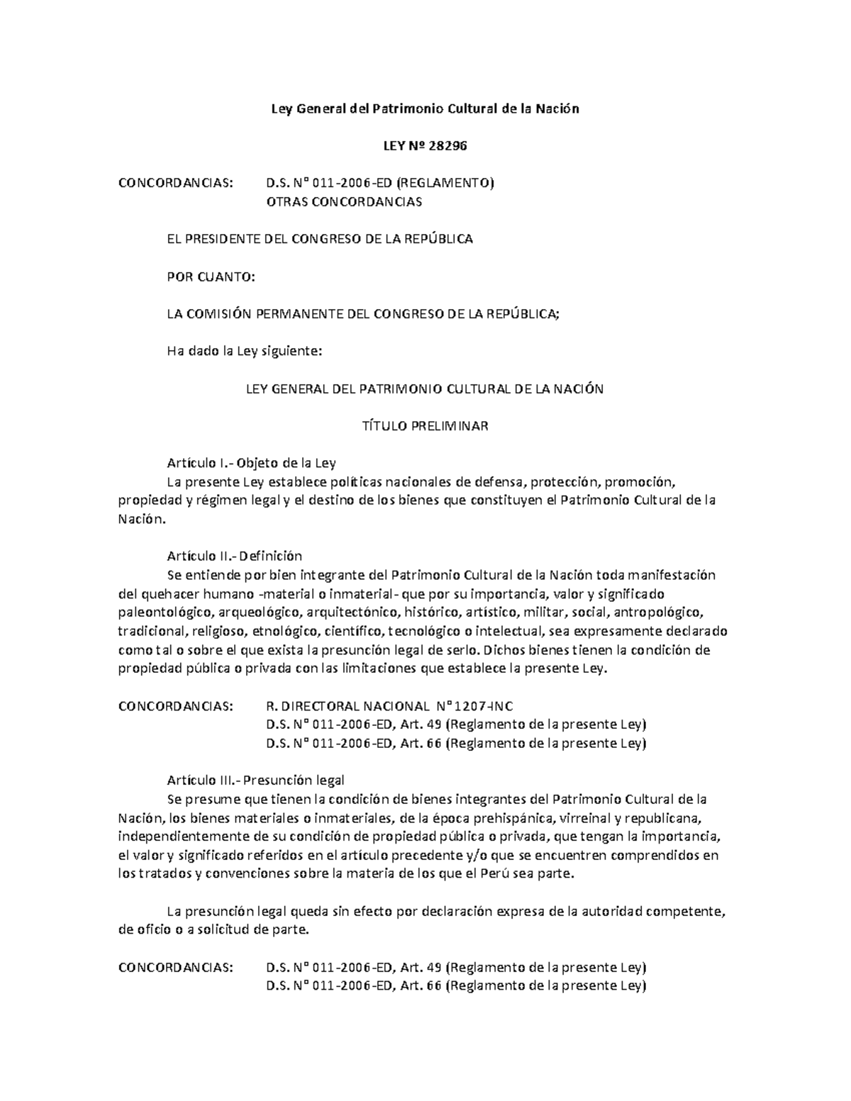 LEY Geneal DEL Patrimonio Cultural DE LA Nacion - Ley General del Patrimonio Cultural de la ...