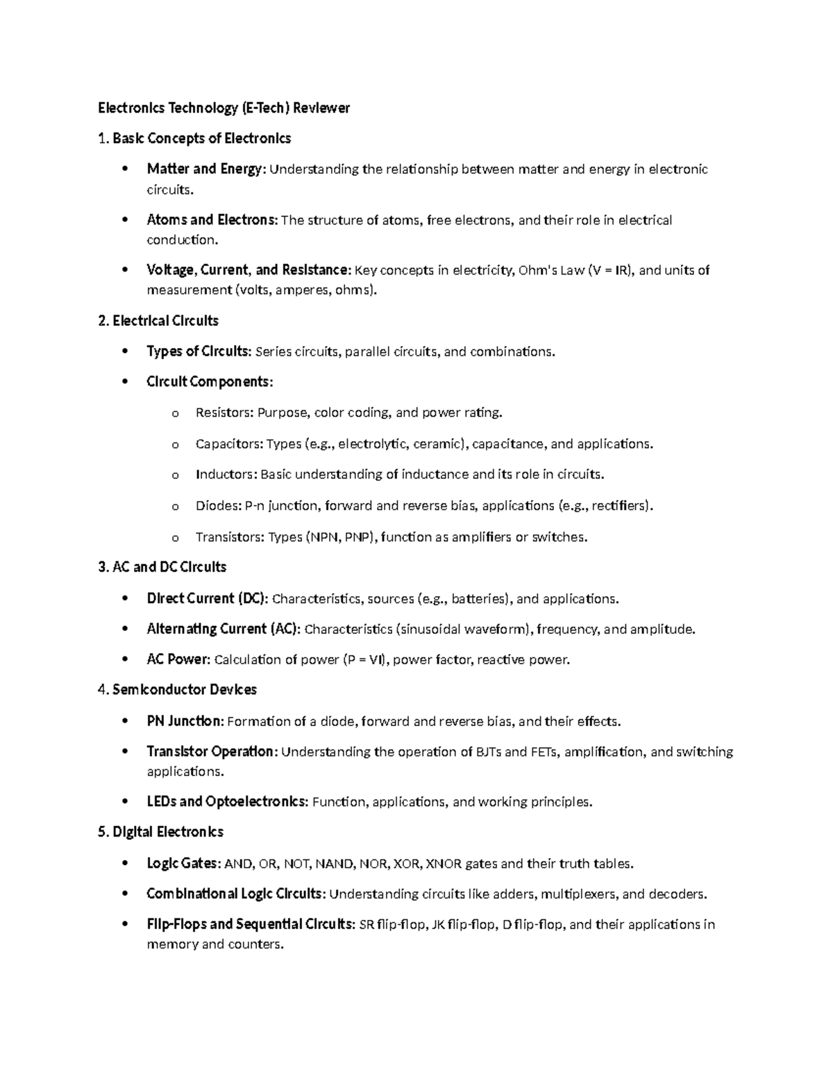 Electronics Technology reviewer for finals - Electronics Technology (E-Tech) Reviewer 1. Basic ...