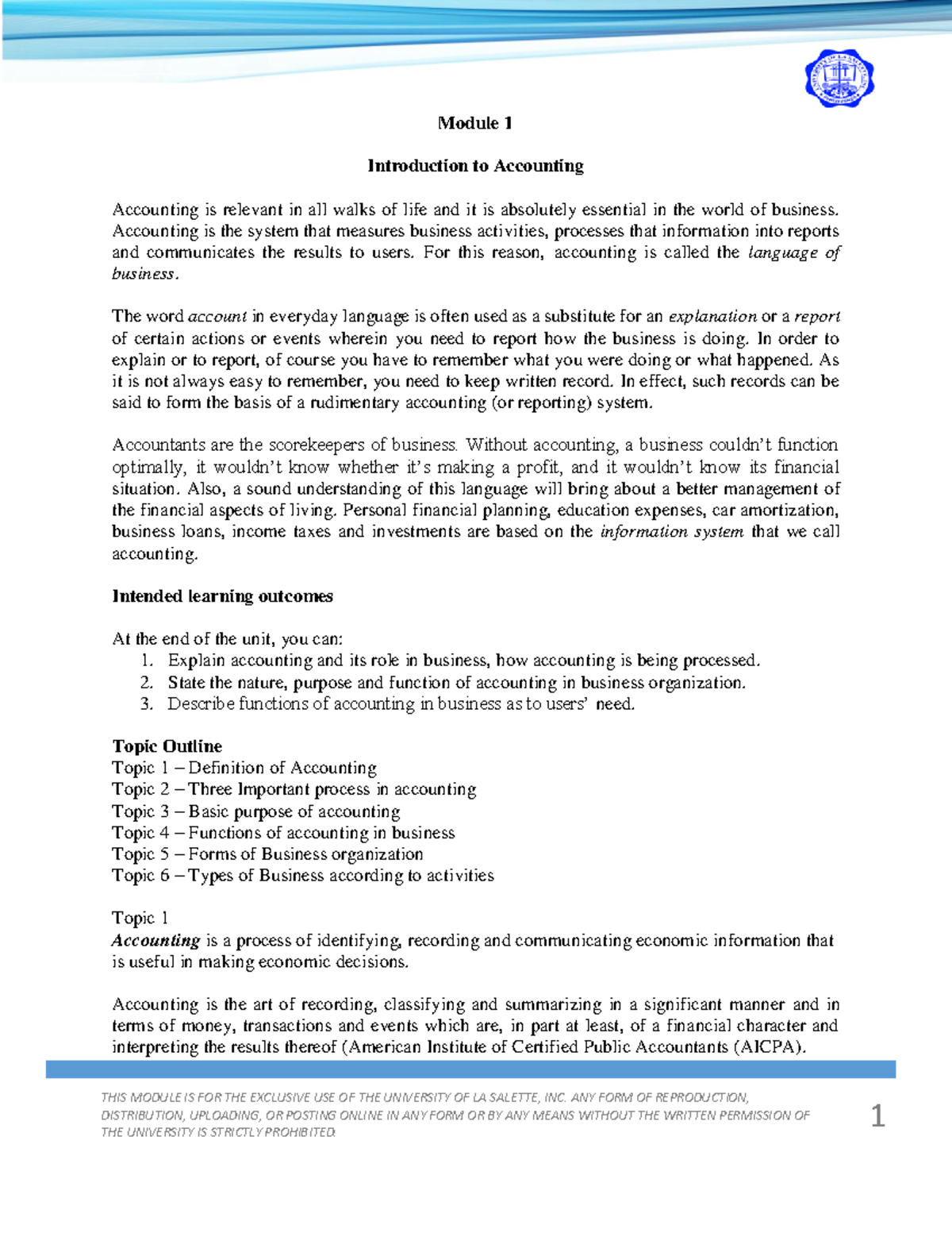 FAR1- Module 1&2 - THIS MODULE IS FOR THE EXCLUSIVE USE OF THE ...