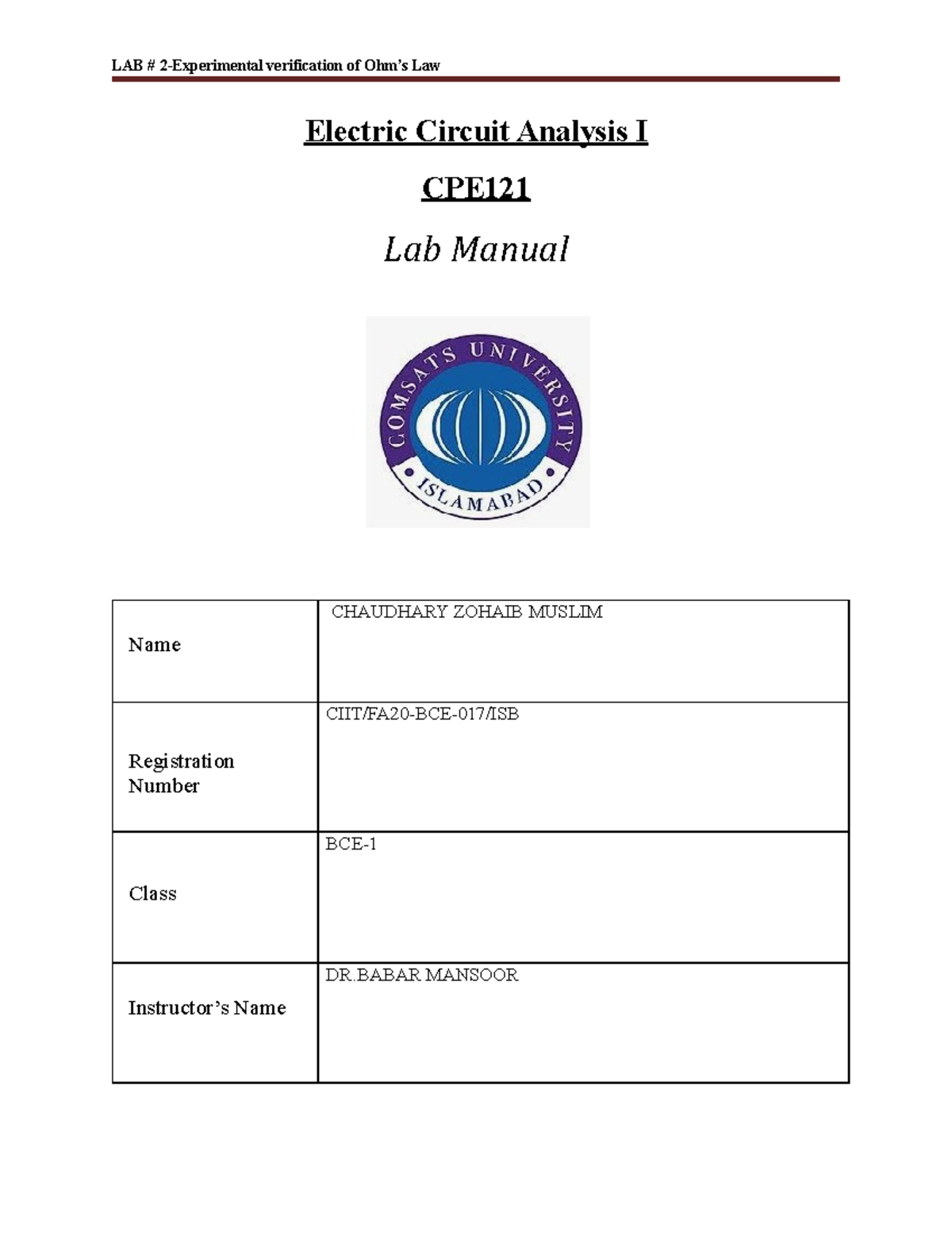 Lab Manual EEE121 ECA I Rev 2comsats university islamabad assingment ...