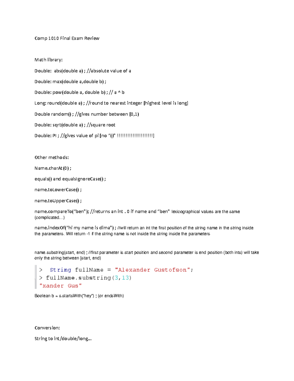 Summary - final exam review - Comp 1010 Final Exam Review Math library ...