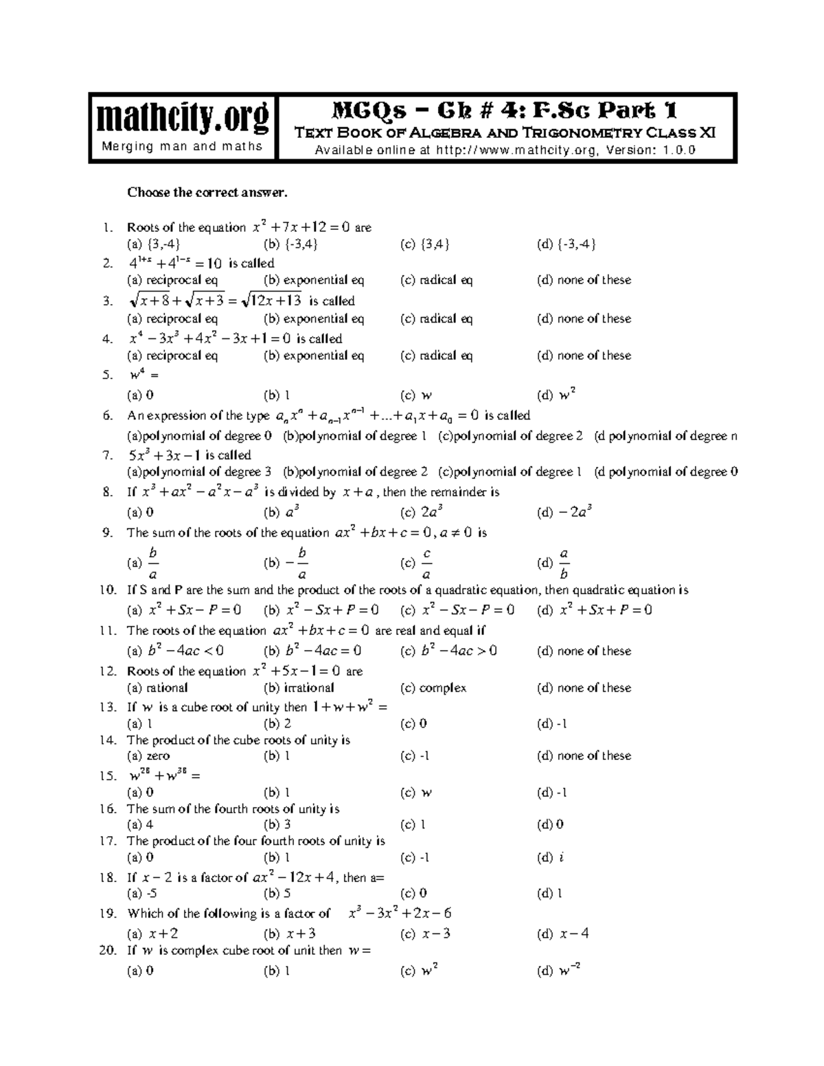 Objective Ch 4 FSC part1 imran - mathcity Merging man and maths MCQs ...