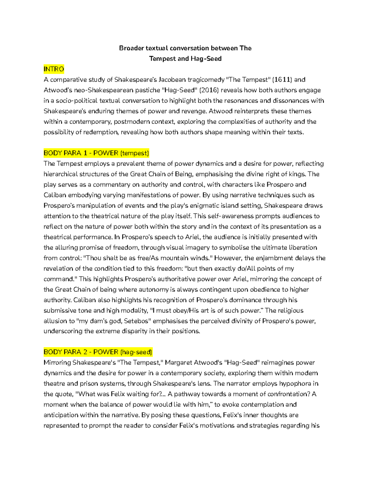 English Essay - mod A tempest hagseed - Broader textual conversation ...