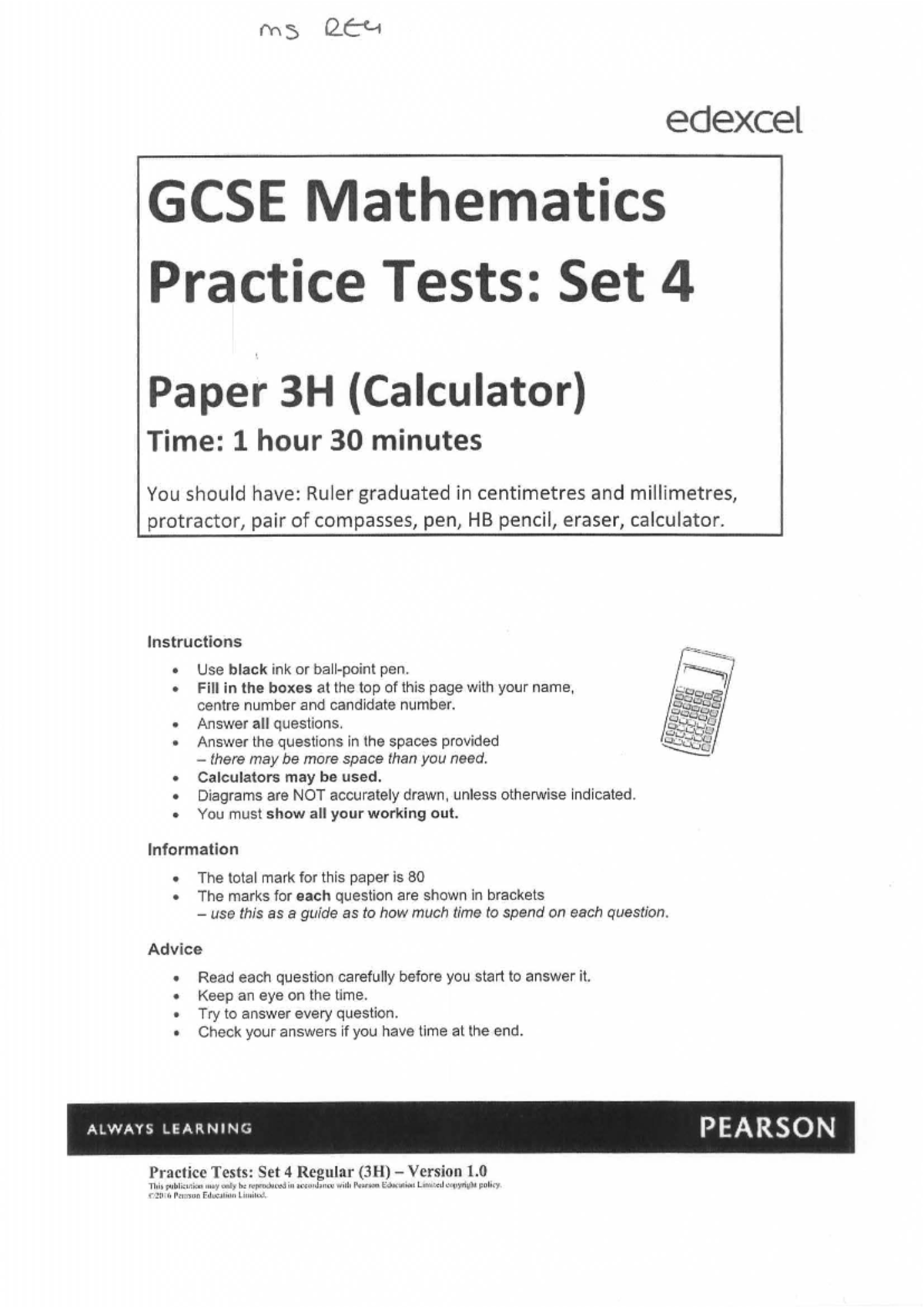 1B01ECD9A98523164641 ABFF22349991 - edexcel GCSE Mathematics Practice ...