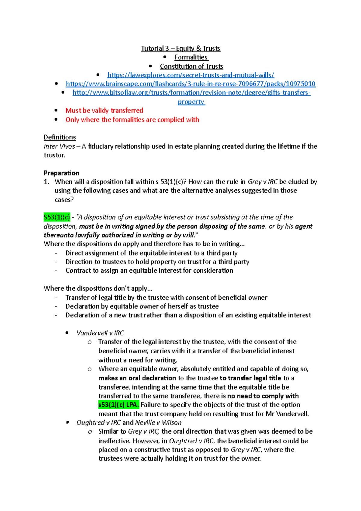 Tutorial 3 Activity - Tutorial 3 – Equity & Trusts Formalities ...
