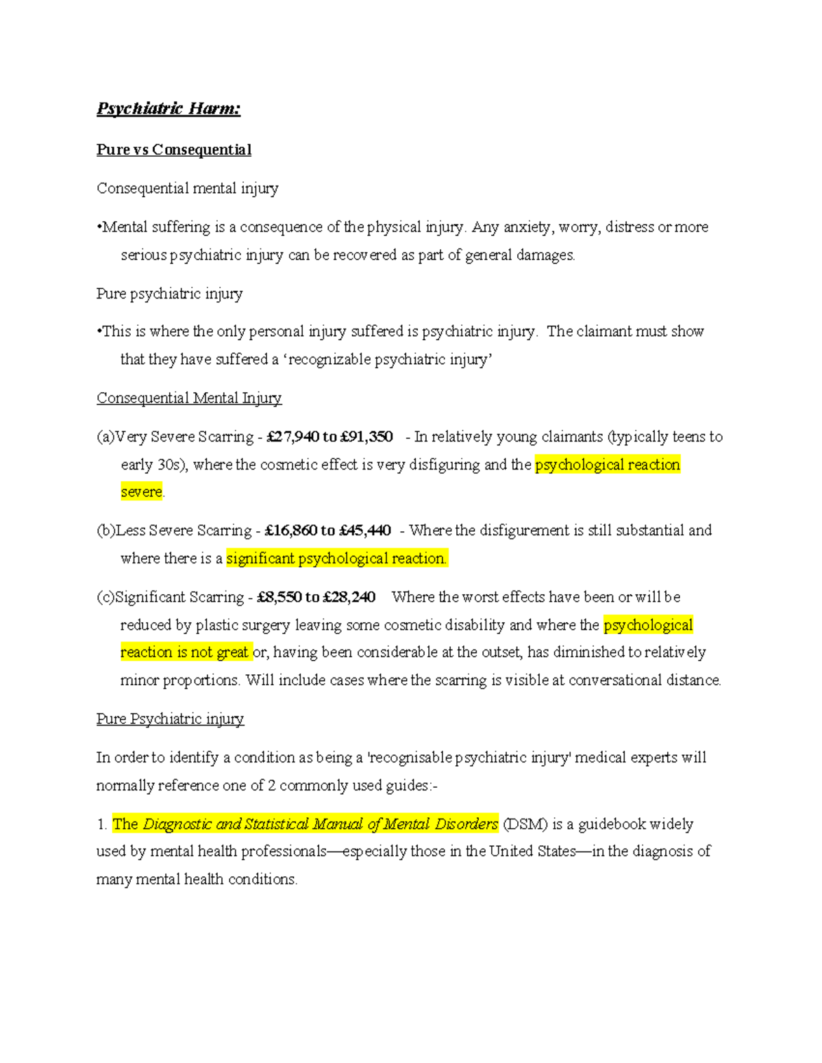 Tort Lecture Week 7 - notes - Psychiatric Harm: Pure vs Consequential ...