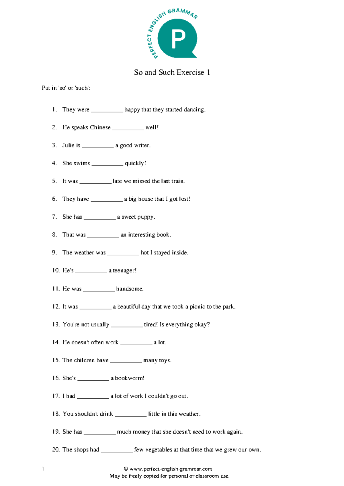 So and such exercise 1 - 1 © perfect-english-grammar May be freely ...