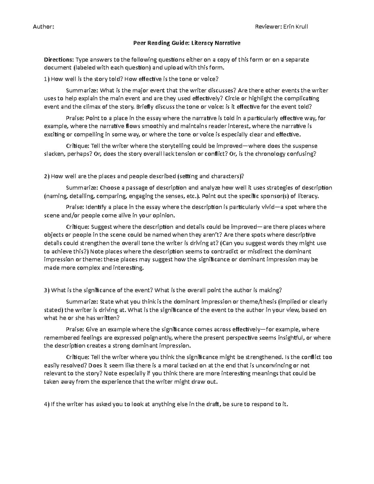 Literacy Narrative- Peer Review Guide - Author: Reviewer: Erin Krull ...