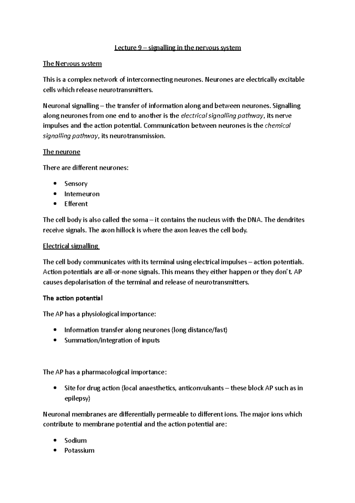 Lecture 9 Signalling In The Nervous System Lecture 9 Signalling In The Nervous System The