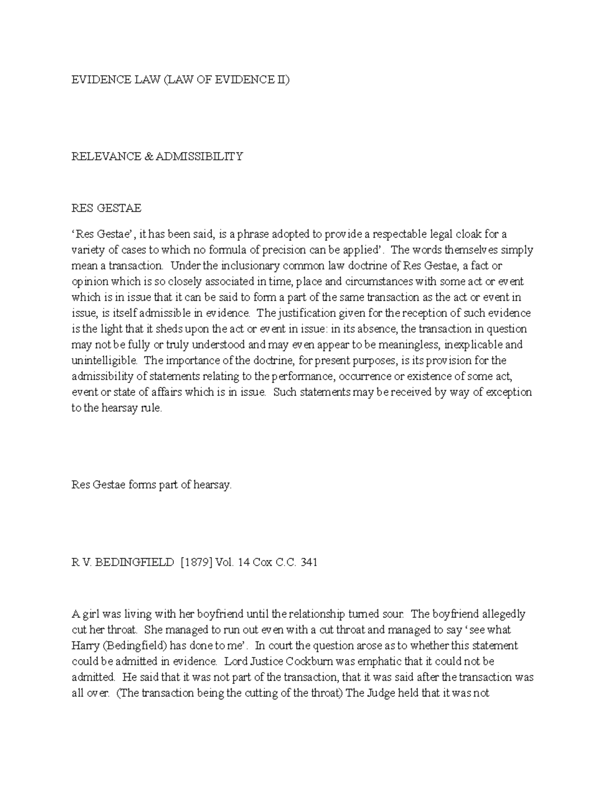 Evidence LAW - Notes - EVIDENCE LAW (LAW OF EVIDENCE II) RELEVANCE ...