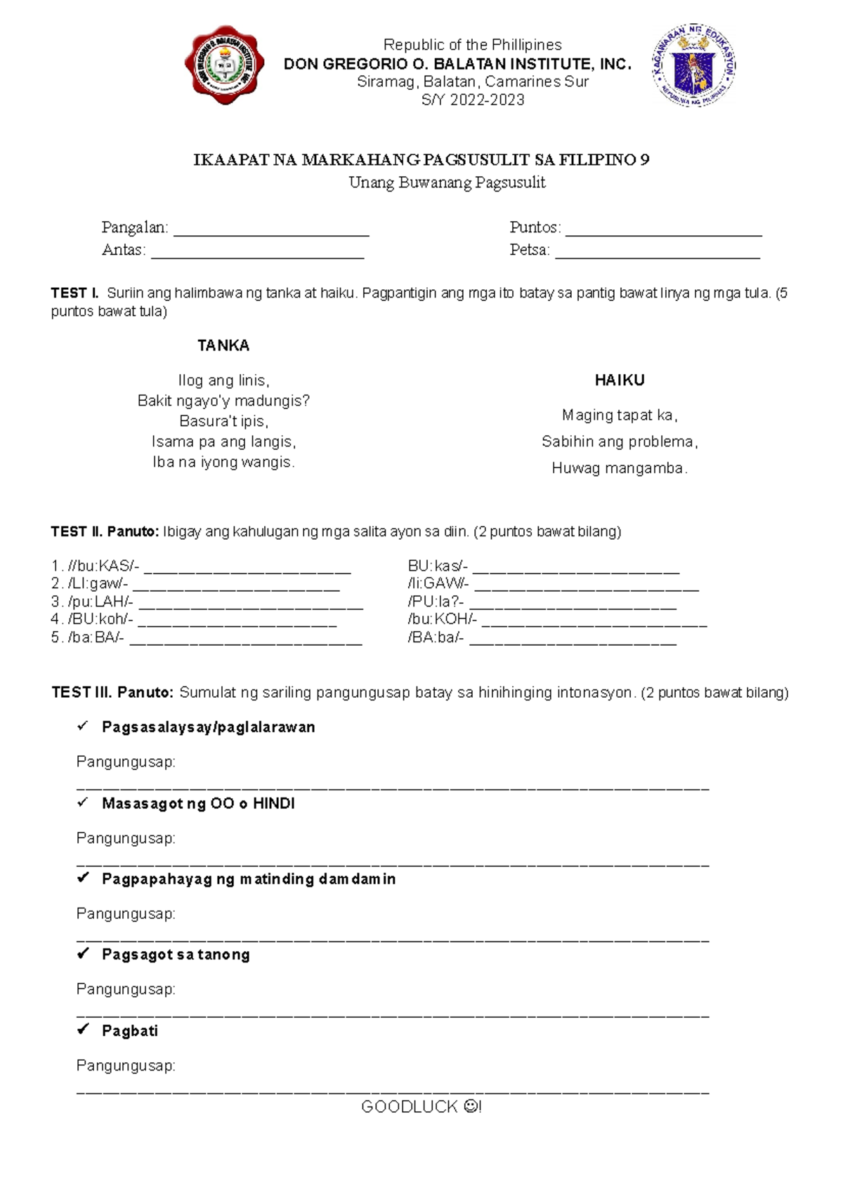 Ikaapat NA Buwanang Pagsusulit SA Filipino 9 - Republic of the ...