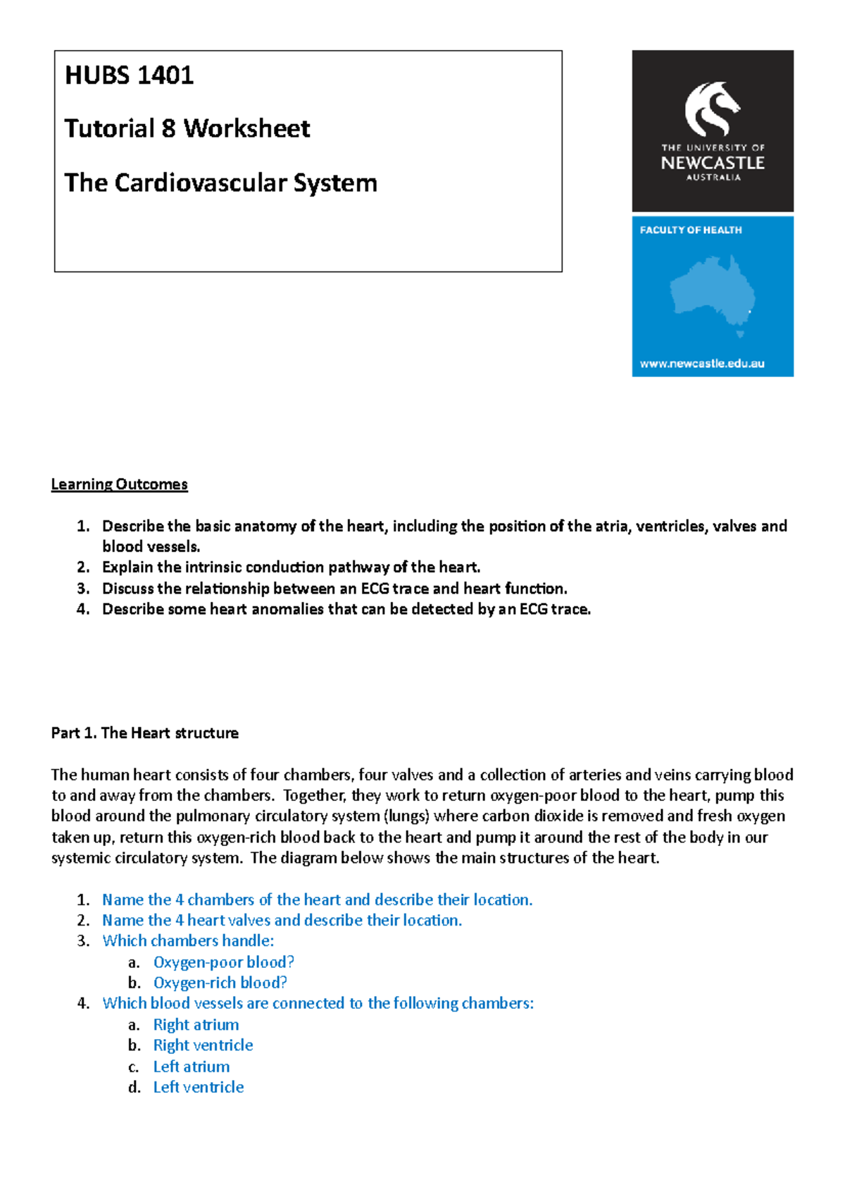 Tutorial 8 The Cardiovascular System - Learning Outcomes Describe the ...