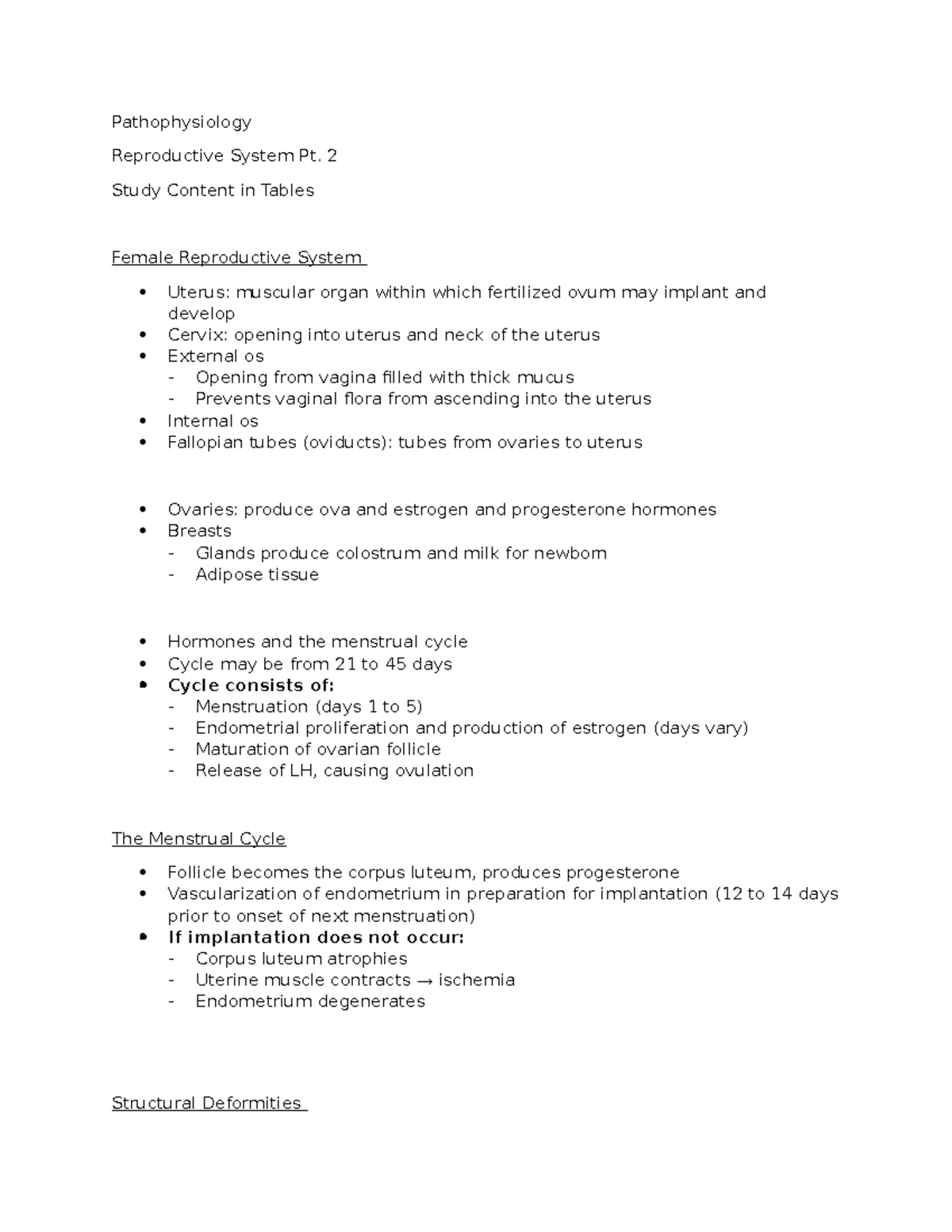 Pathophysiology Reproductive System Pt. 2 - 2 Study Content in Tables ...