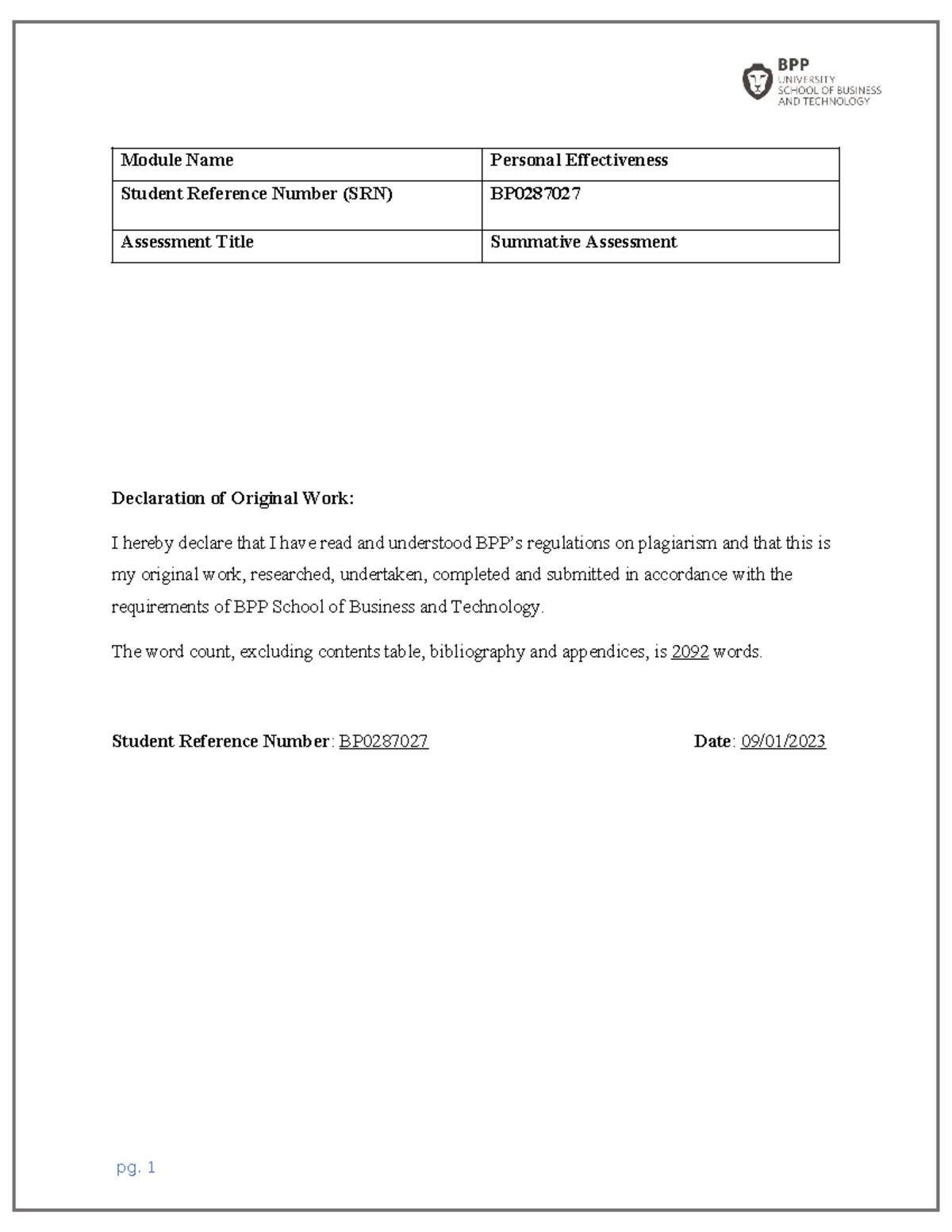 Personal Effectiveness - Module Name Personal Effectiveness Student ...