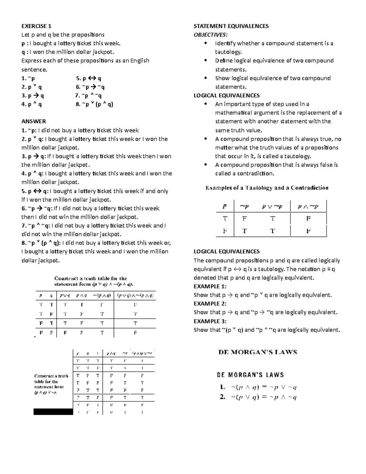 MMW - Notes from MMW lessons - EXERCISE 1 Let p and q be the ...