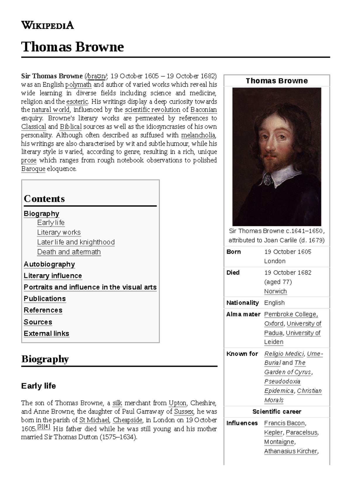 Thomas Browne - Biographie historique - Thomas Browne Sir Thomas Browne ...