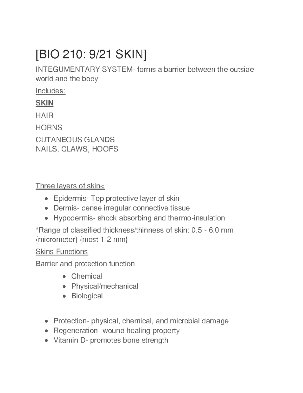 BIO 210 SKIN - The integumentary system- skin, with terms - [BIO 210: 9 ...