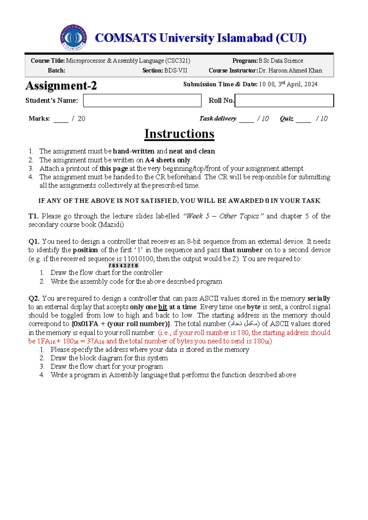 Assignment 2 - COMSATS University Islamabad (CUI) Course Title: Microprocessor & Assembly - Studocu