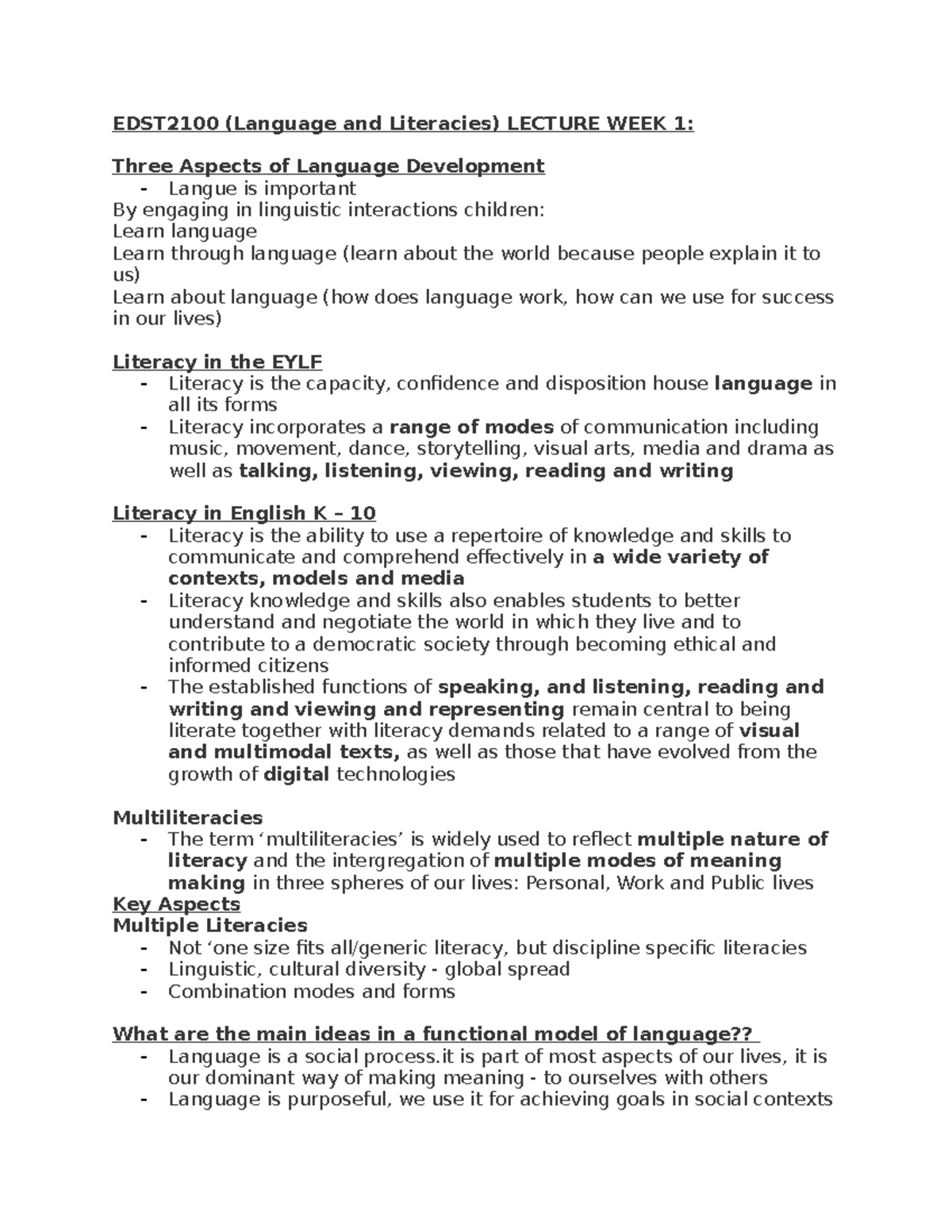Lecture WEEK 1 ( Module 1) - EDST2100 (Language and Literacies) LECTURE ...